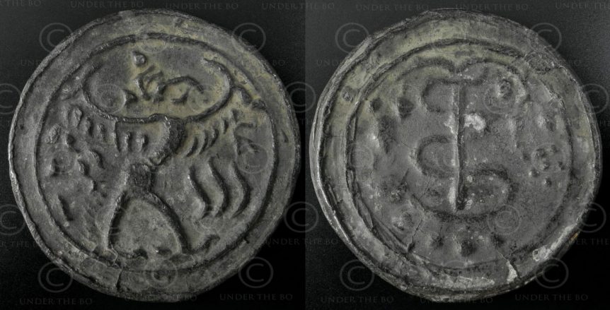 Siam tin token C211. Ayuthaya period. Chao Phaya river, Siam Thailand.